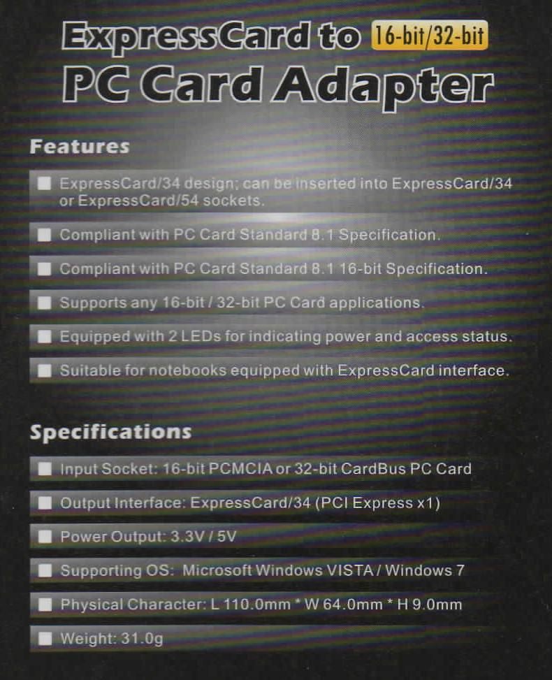 PCEXP Digigear 32-bit CardBus / 16-bit PCMCIA PC Card 34 mm ExpressCar ...